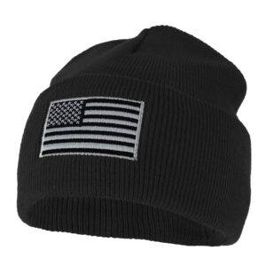 armycrew made in usa grey american flag embroidered knit cuff long beanie - black