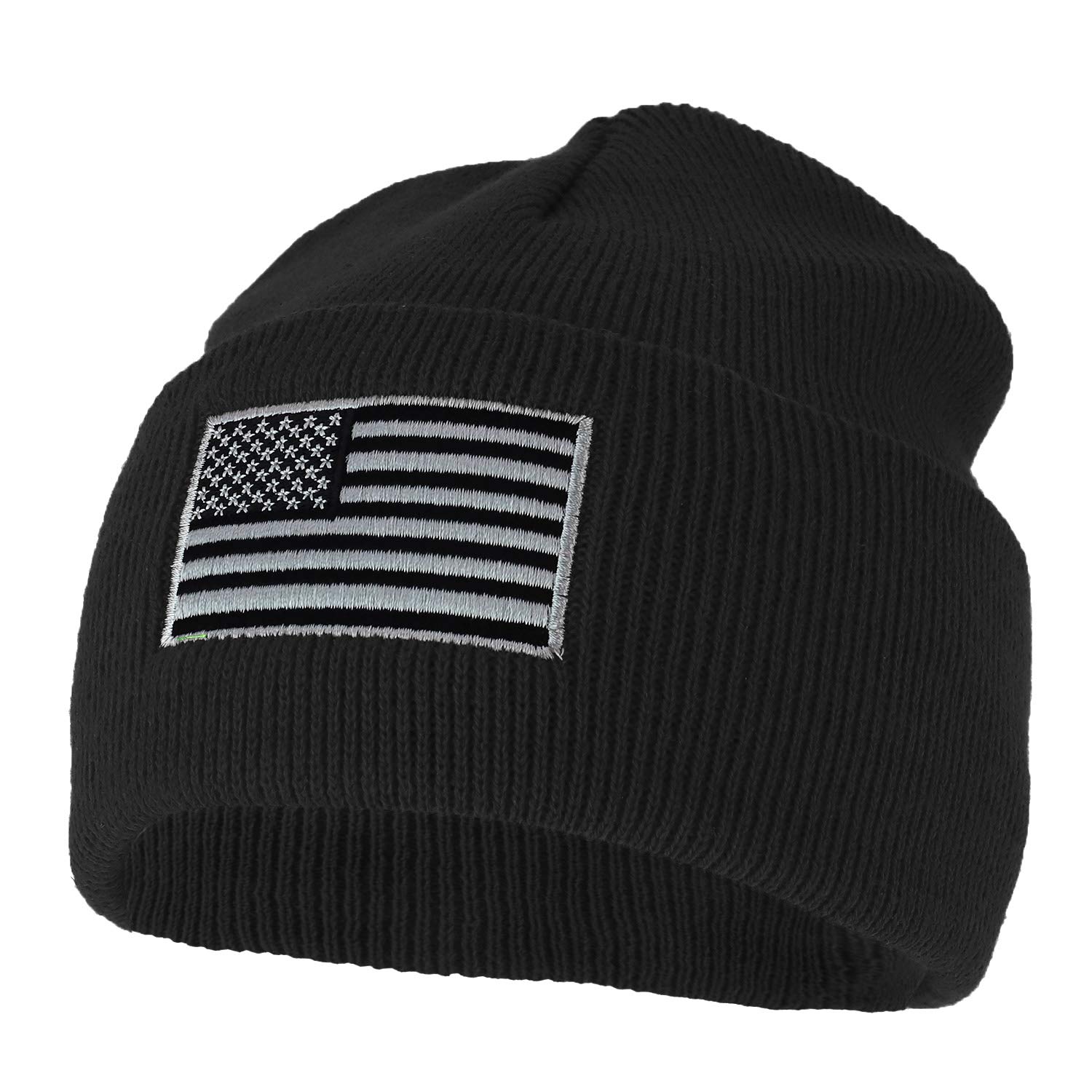 Armycrew Made in USA Grey American Flag Embroidered Knit Cuff Long Beanie - Black