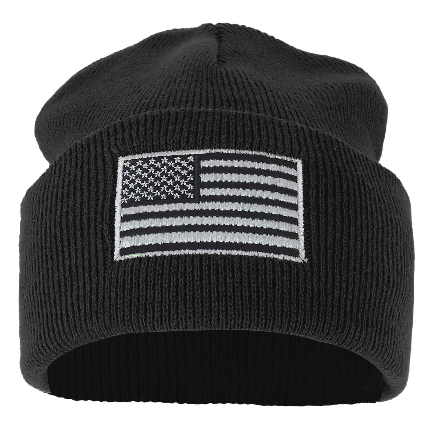 Armycrew Made in USA Grey American Flag Embroidered Knit Cuff Long Beanie - Black