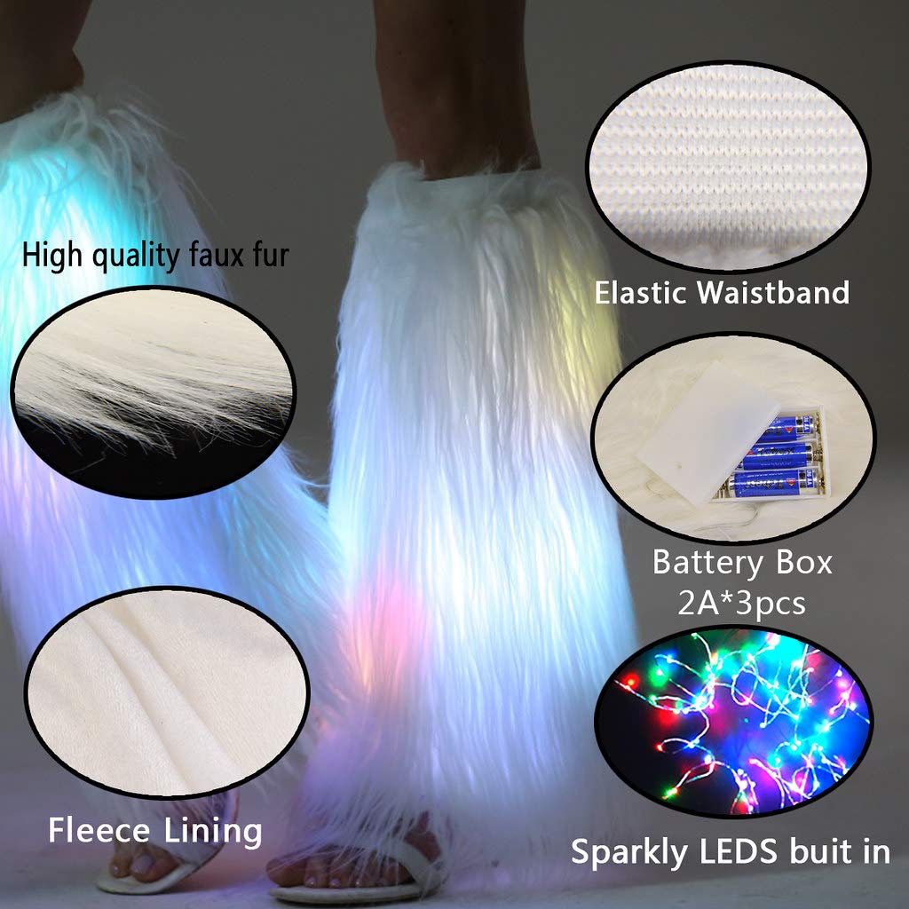 JIRUIWEN Light Up Leg Warmers - Women’s Furry-Led-Fur-Fluffies-Glow-Costumes Dance Hosiery Burning-man-Outfit