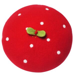 handmade kawaii strawberry beret vintage artist painter hat women wool cap warming gift (red)