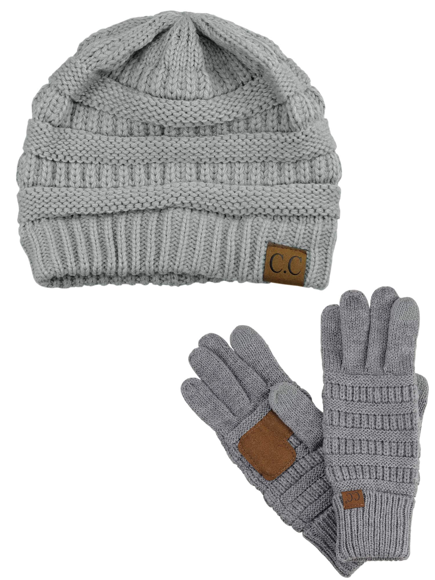 C.C Unisex Soft Stretch Cable Knit Beanie and Anti-Slip Touchscreen Gloves 2 Pc Set, Light Melange Gray