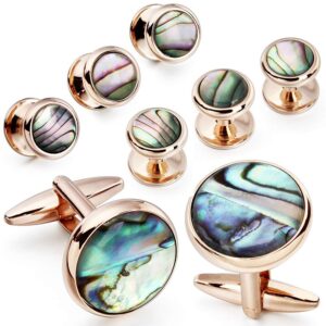 cufflinks and tuxedo studs set for men with gift box, rose gold tone mother-of-pearl cuff links for french cuff shirt and dress shirt, suitable for wedding, birthday, party, anniversary