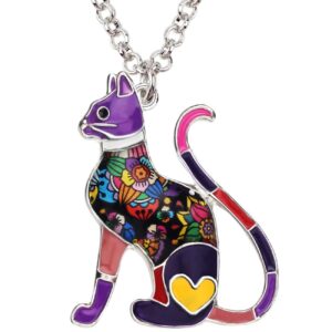 bonsny statement enamel alloy chain cat necklaces pendant original design women jewelry gift charms (purple)