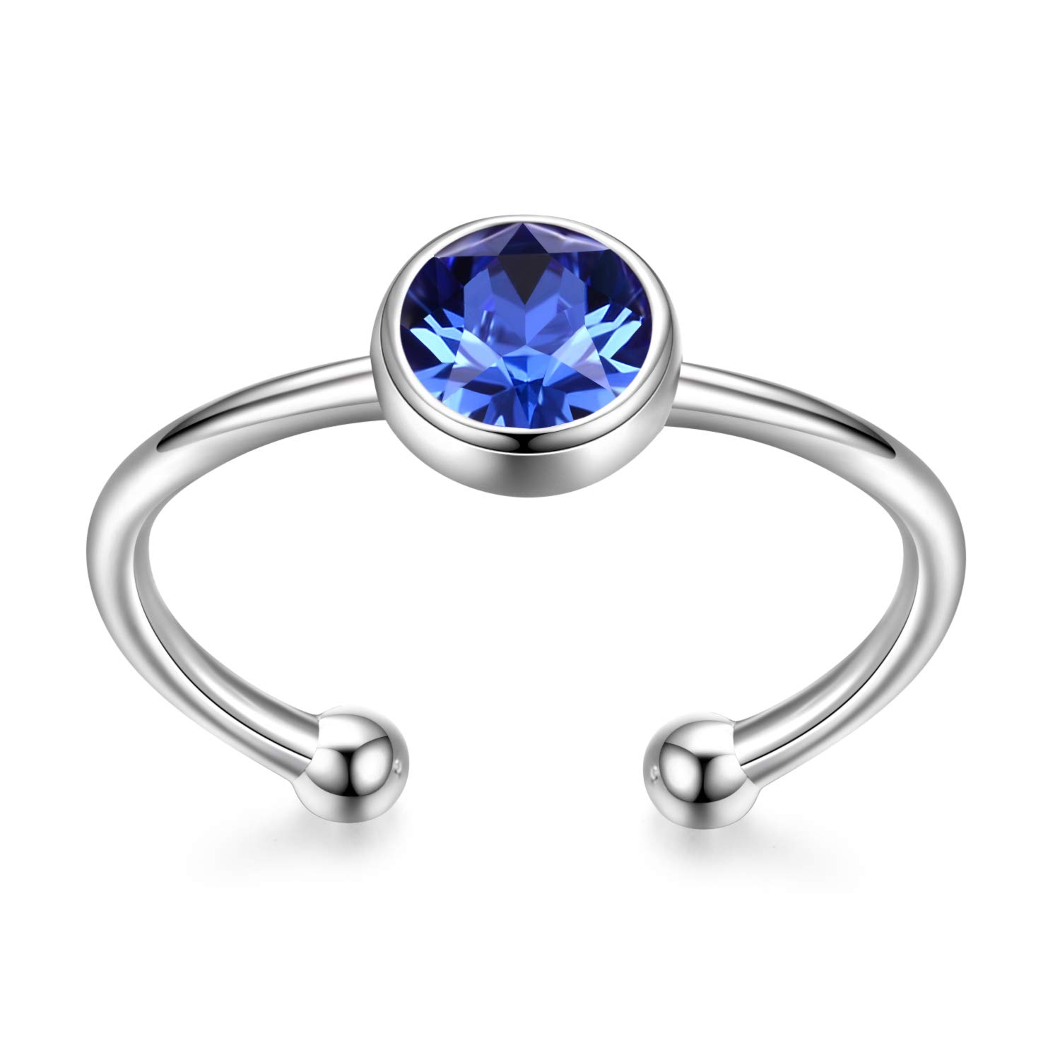 AOBOCO 925 Sterling Silver Created Sapphire Ring September Birthstone Adjustable Stackable Wrap Open Ring for Women, Crystals from Austria