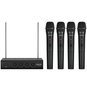 phenyx pro wireless microphone system, 4 channel vhf wireless mics, w/ 4 handheld dynamic microphones, metal receiver, long range, microphone for singing, karaoke, church (ptv-2000a)