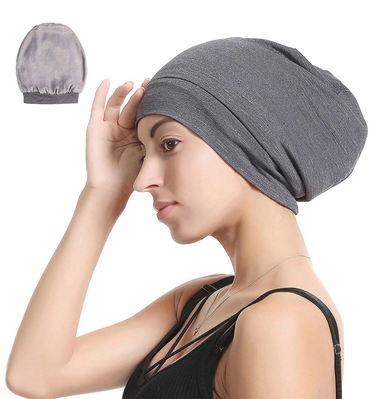 Satin Bonnet Hair Wrap for Sleeping - Hat for Curly Hair and Braids Adjustable Stay on Lined Silk Bonnets Scarf Hair Cover for Lady Lightweight Light Thin Jersey Chemo, Gifts for Women Dark Grey