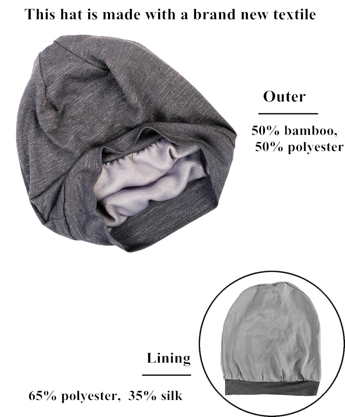 Satin Bonnet Hair Wrap for Sleeping - Hat for Curly Hair and Braids Adjustable Stay on Lined Silk Bonnets Scarf Hair Cover for Lady Lightweight Light Thin Jersey Chemo, Gifts for Women Dark Grey