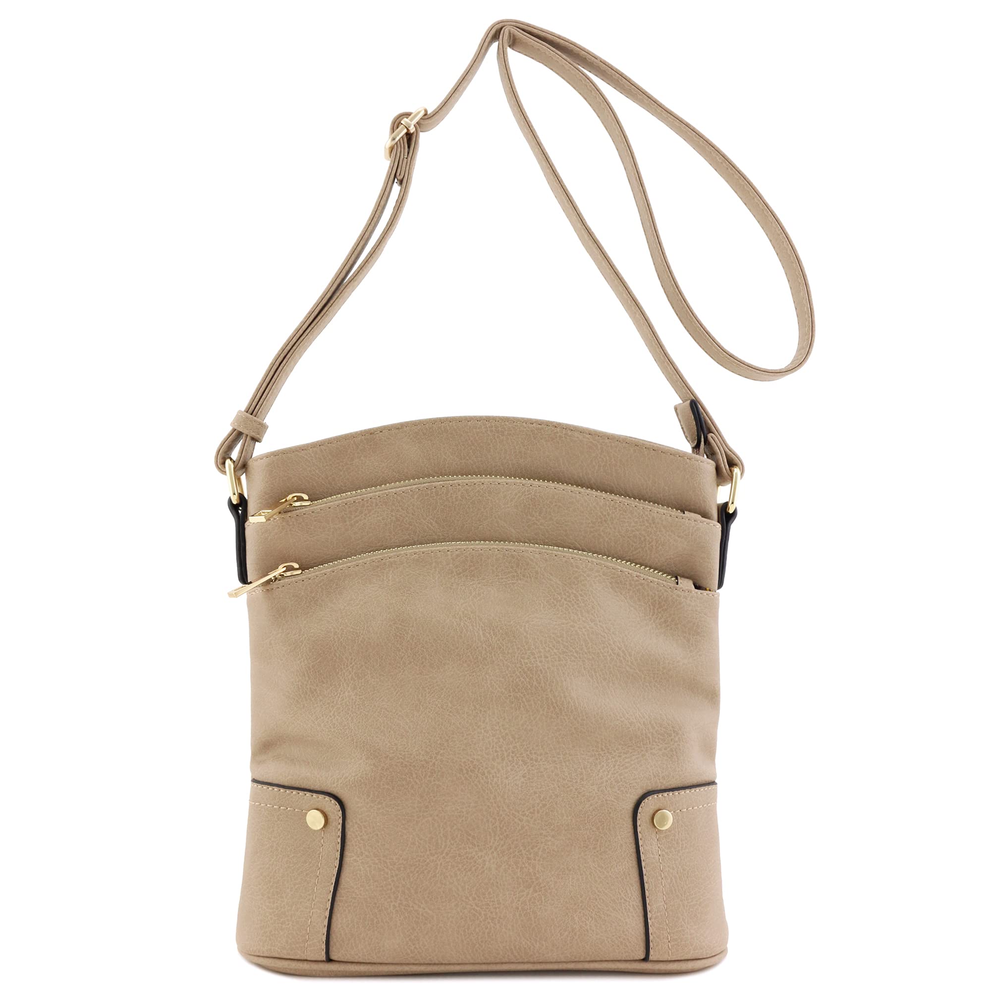 ALYSSA Triple Zip Pocket Large Crossbody Bag (Sand)