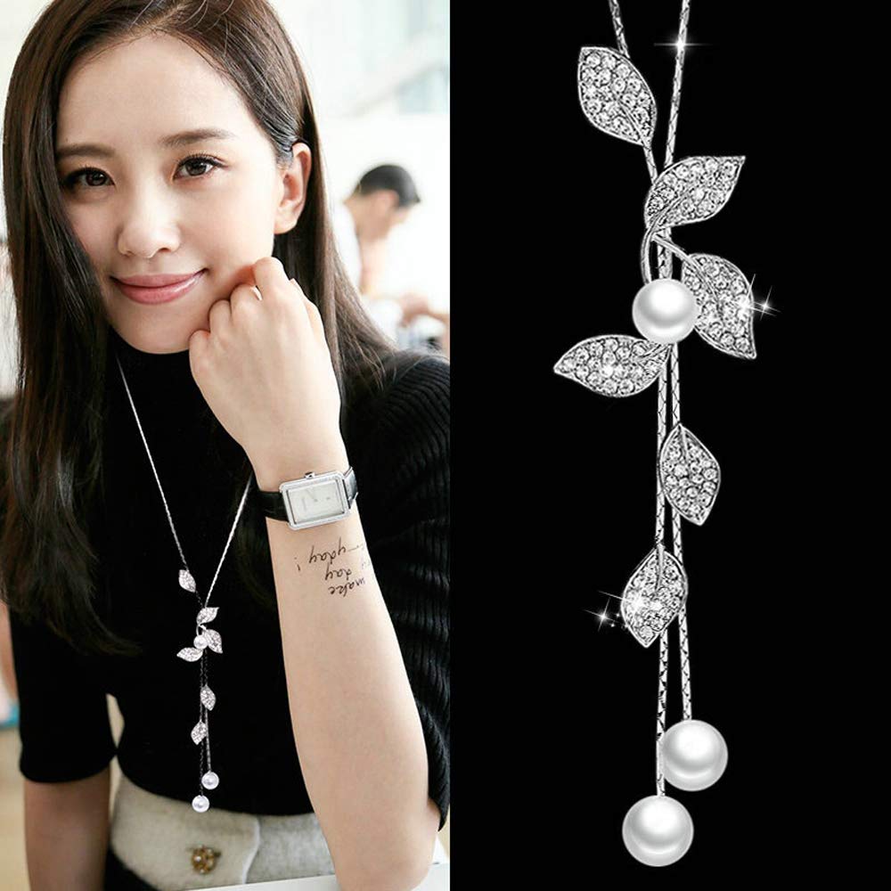 HSQYJ White Crystal Pendant Necklace Long Sweater Necklace Fashion Jewelry for Women