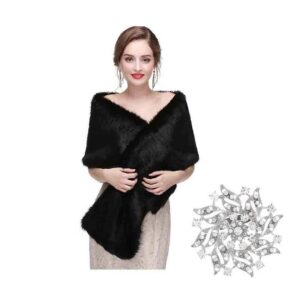 olbye women's faux fur wraps long wedding fur shawl 1920s sleeveless bridal fur stole scarf for bride and bridesmaid (black)