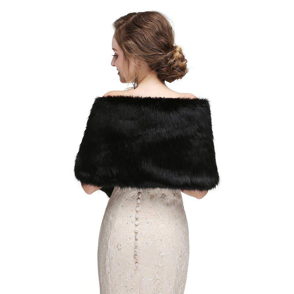 Olbye Women's Faux Fur Wraps Long Wedding Fur Shawl 1920s Sleeveless Bridal Fur Stole Scarf for Bride and Bridesmaid (Black)