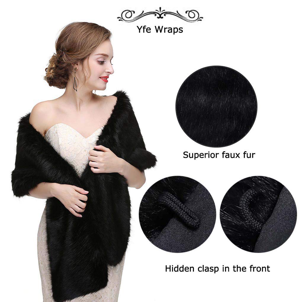 Olbye Women's Faux Fur Wraps Long Wedding Fur Shawl 1920s Sleeveless Bridal Fur Stole Scarf for Bride and Bridesmaid (Black)