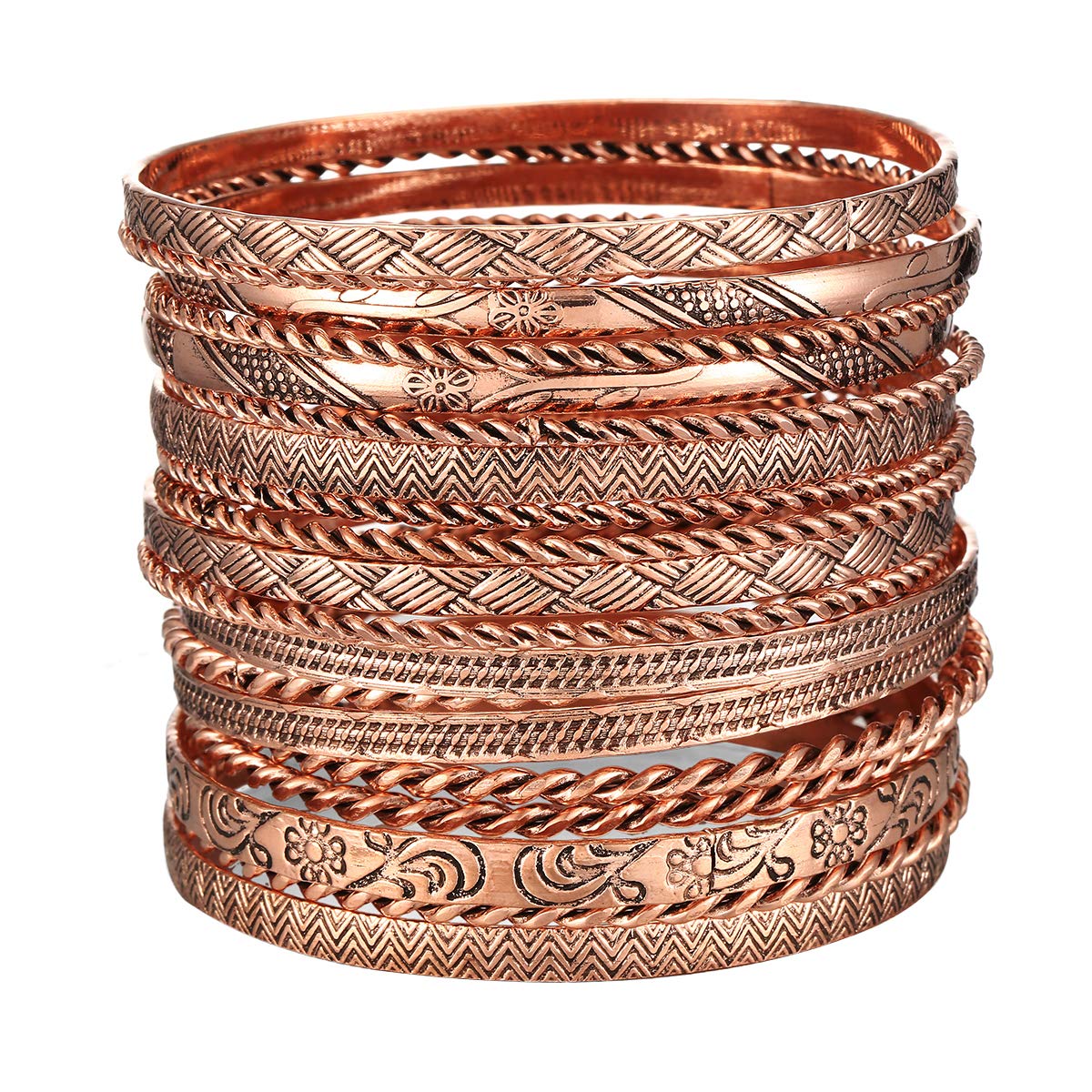 ENSOUL Antique Copper Flower Mixed Metal Aztec African Indian Vintage Multi Bangle&Bracelets For Women Set of 19