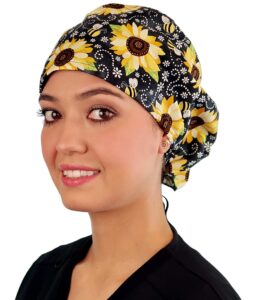 sparkling earth sunflowers on black riley medical scrub caps with flat front and roomy back - adjustable cord lock closure - made in the usa