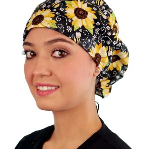 Sparkling EARTH Sunflowers on Black Riley Medical Scrub Caps with Flat Front and Roomy Back - Adjustable Cord Lock Closure - Made in The USA