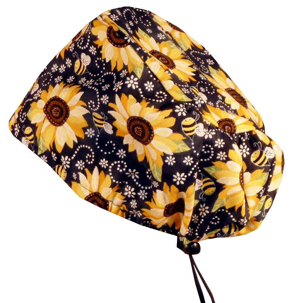 Sparkling EARTH Sunflowers on Black Riley Medical Scrub Caps with Flat Front and Roomy Back - Adjustable Cord Lock Closure - Made in The USA