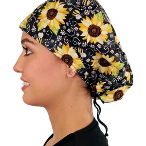 Sparkling EARTH Sunflowers on Black Riley Medical Scrub Caps with Flat Front and Roomy Back - Adjustable Cord Lock Closure - Made in The USA