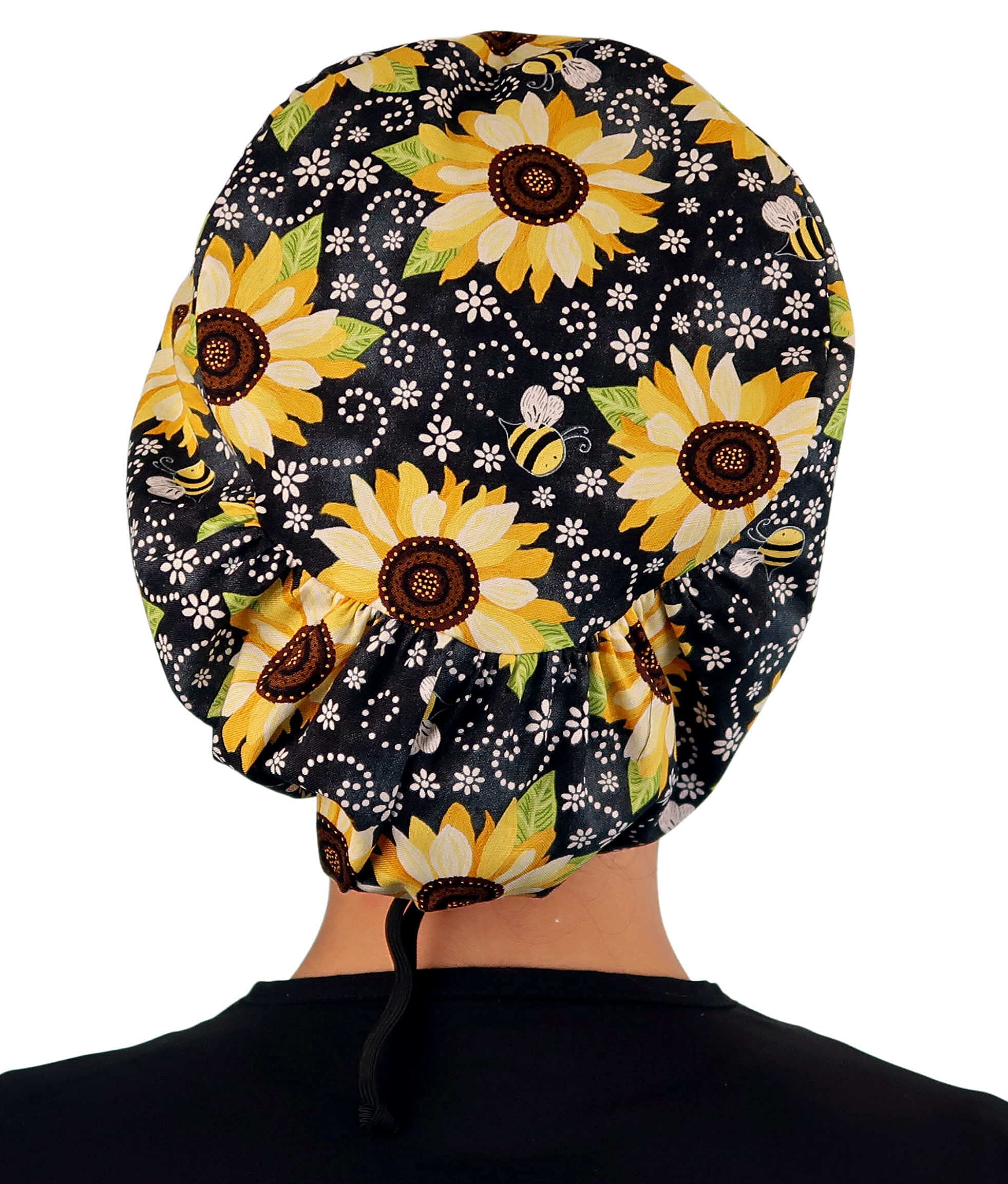 Sparkling EARTH Sunflowers on Black Riley Medical Scrub Caps with Flat Front and Roomy Back - Adjustable Cord Lock Closure - Made in The USA