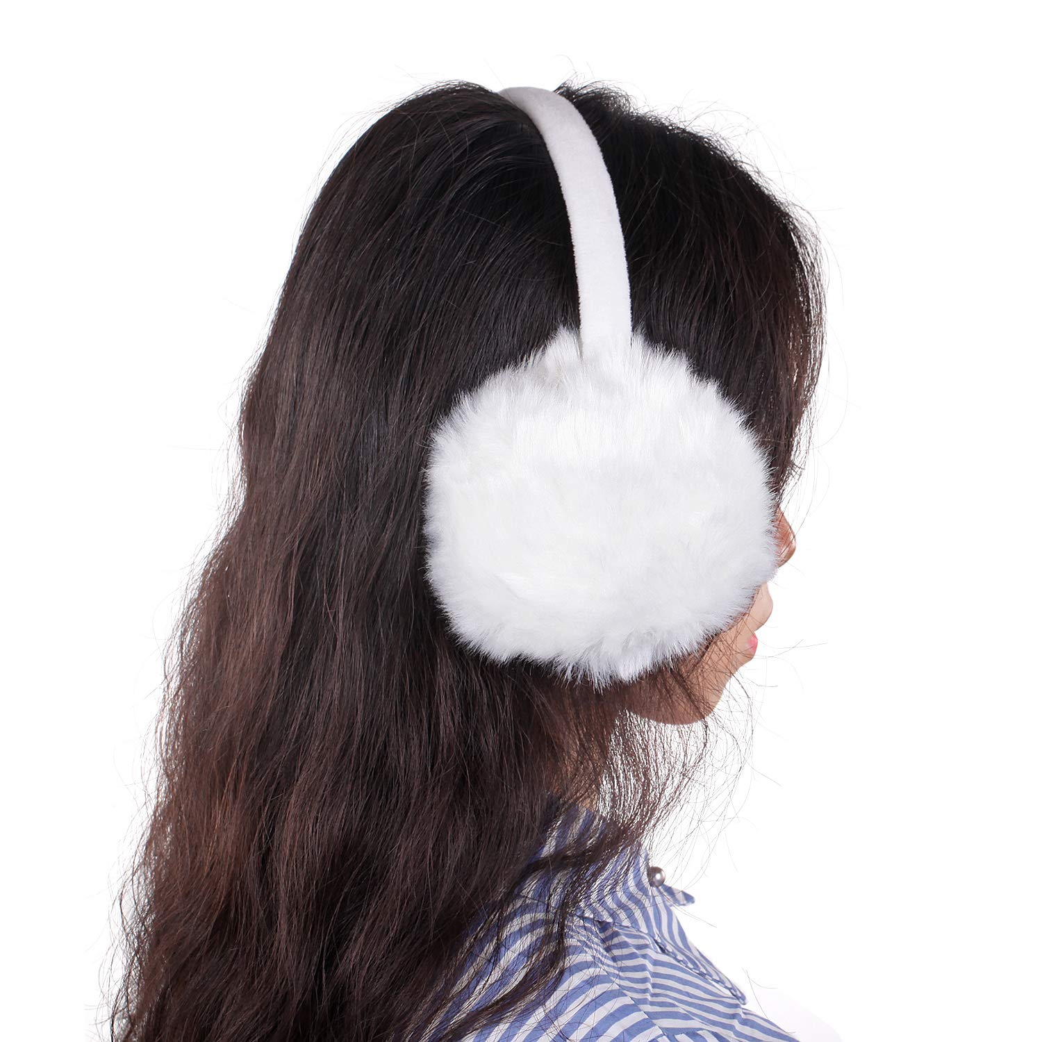 Sudawave Girls Winter Warm Adjustable Knitted Faux Fur Plush Earmuffs Warmers (White)