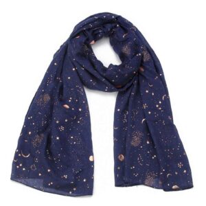 tinpia fashion scarf for women, lightweight colorful shawl with star moon pattern for girls ladies women navy