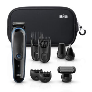 braun hair clippers for men, 9-in-1 beard, ear & nose trimmer, body grooming kit, cordless & rechargeable with gillette proglide razor, black/blue, 9 piece set