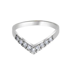 High Polish 10k White Gold CZ-Studded Chevron Ring for Women (Size 8)