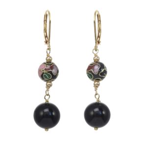 black agate and cloisonné lever-back drop earrings