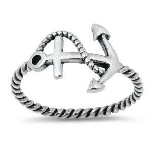 twisted rope anchor cross oxidized ring new .925 sterling silver band size 7