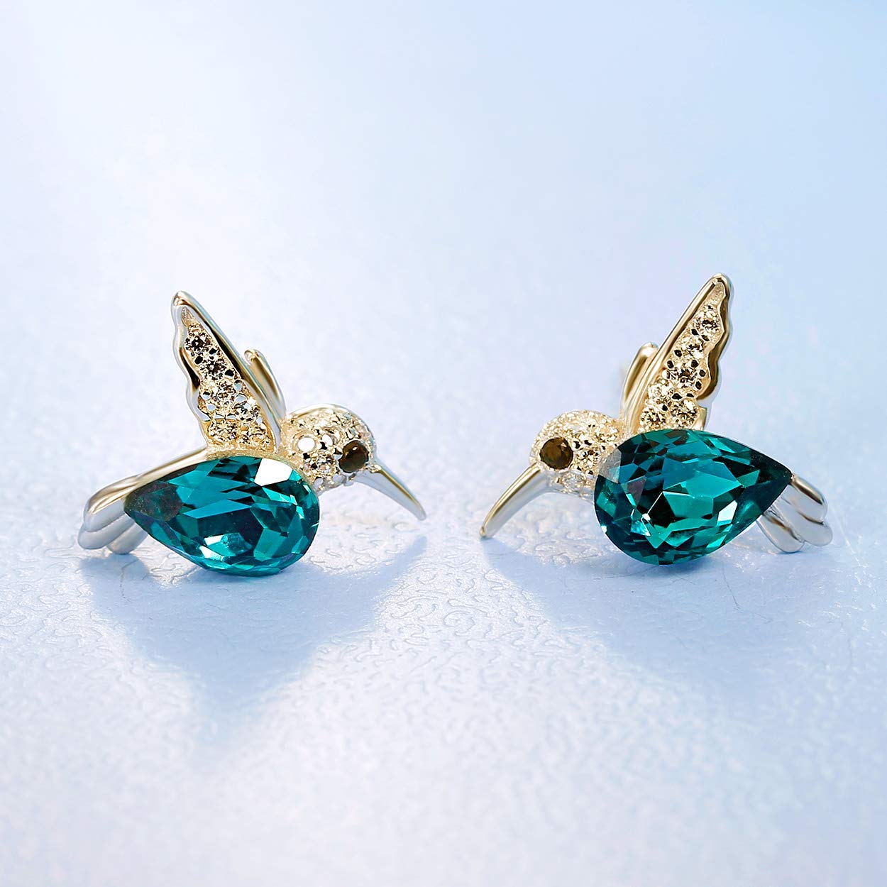 Jewever 925 Sterling Silver Hummingbird Ear Studs Blue Cubic Zirconia Earrings for Women Jewelry Gift Golden