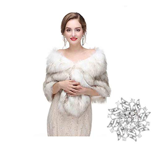 Yfe Women's Faux Fur Wraps and Shawls Wedding Fur Stole Shrug 1920 Faux Fur Scarf Coat (White)