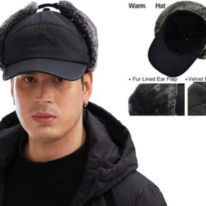 Winter 3 in 1 Thermal Fur Lined Trapper Hat with Ear Flap Full Face Warmer Cover Windproof Insulated Baseball Cap Cycling Motorcycle Snow Ski Hat Headwear (Black)