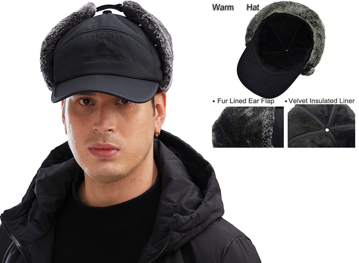 Winter 3 in 1 Thermal Fur Lined Trapper Hat with Ear Flap Full Face Warmer Cover Windproof Insulated Baseball Cap Cycling Motorcycle Snow Ski Hat Headwear (Black)