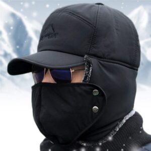 Winter 3 in 1 Thermal Fur Lined Trapper Hat with Ear Flap Full Face Warmer Cover Windproof Insulated Baseball Cap Cycling Motorcycle Snow Ski Hat Headwear (Black)