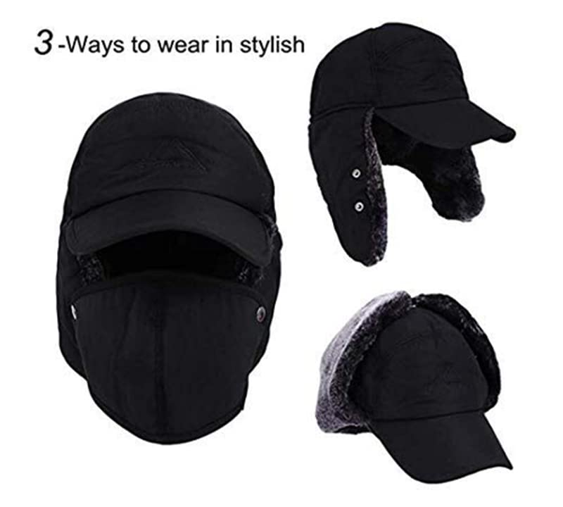 Winter 3 in 1 Thermal Fur Lined Trapper Hat with Ear Flap Full Face Warmer Cover Windproof Insulated Baseball Cap Cycling Motorcycle Snow Ski Hat Headwear (Black)