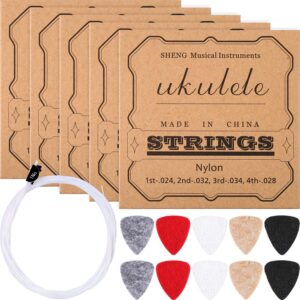 chengu nylon ukulele strings with felt ukulele picks for soprano (21 inch)/ concert (23 inch)/ tenor (26 inch) ukulele (5 sets string, 10 felt picks)