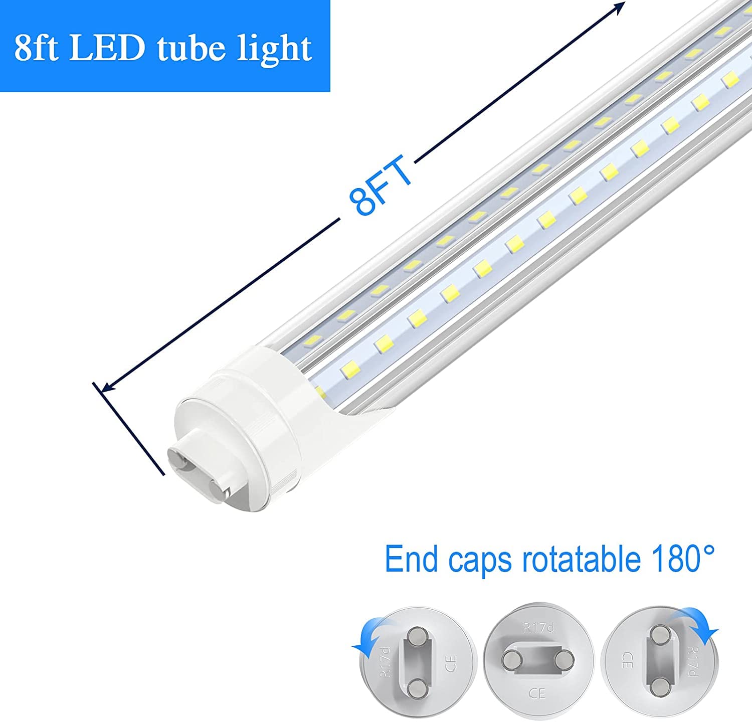 JESLED R17D/HO 8FT LED Bulbs - (12 Pack) Rotate V Shape, 5000K Daylight 72W, 7200LM, 110W Equivalent F96T12/DW/HO, Clear Cover, T8/T10/T12 Replacement, Dual-End Powered, Ballast Bypass