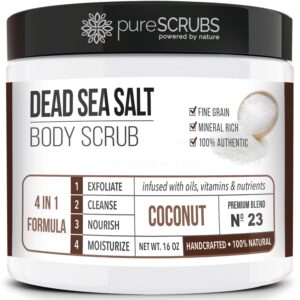 purescrubs premium organic body scrub set - includes spoon, loofah & soap - large 16oz coconut body scrub dead sea salt infused organic essential oils & nutrients