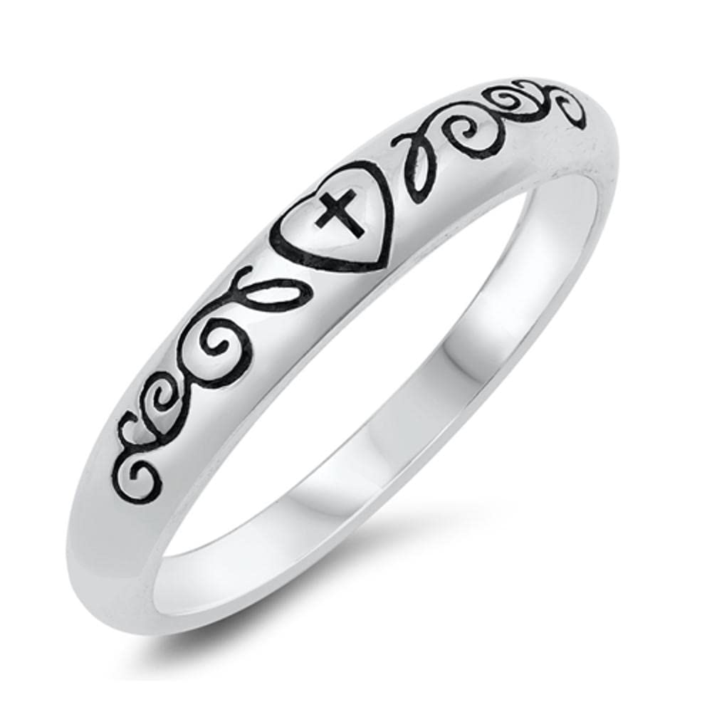 Cross Heart Vine Swirl Purity Love Ring New .925 Sterling Silver Band Size 8