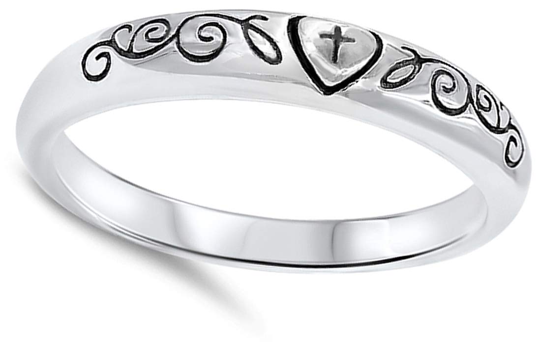 Cross Heart Vine Swirl Purity Love Ring New .925 Sterling Silver Band Size 8