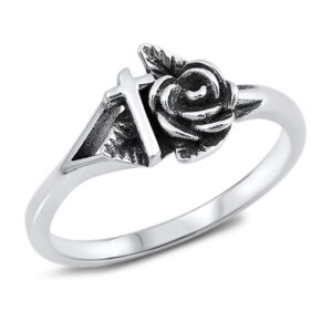 rose cross leaf oxidized cute filigree ring .925 sterling silver band size 6