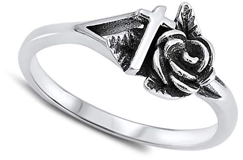 Rose Cross Leaf Oxidized Cute Filigree Ring .925 Sterling Silver Band Size 6