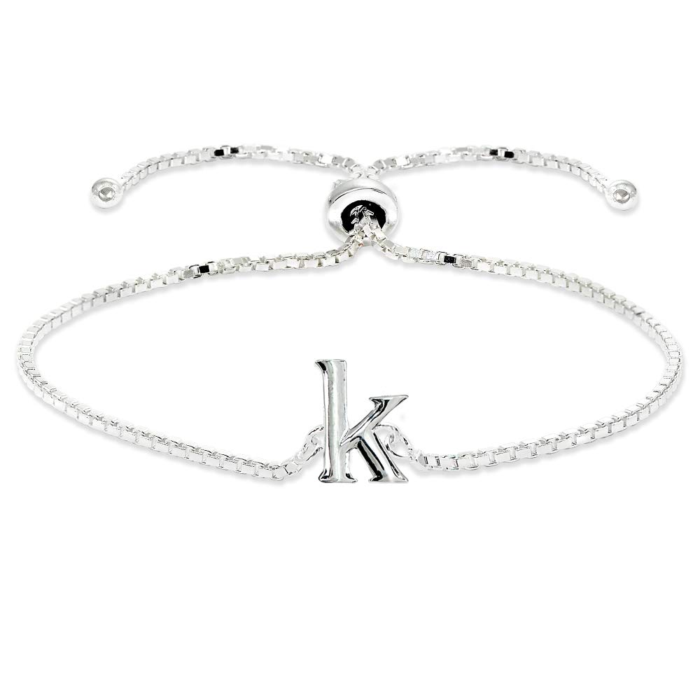 B. BRILLIANT K Initial Bracelet for Women Sterling Silver Letter Alphabet Name Personalized 925 Silver Adjustable Bracelets