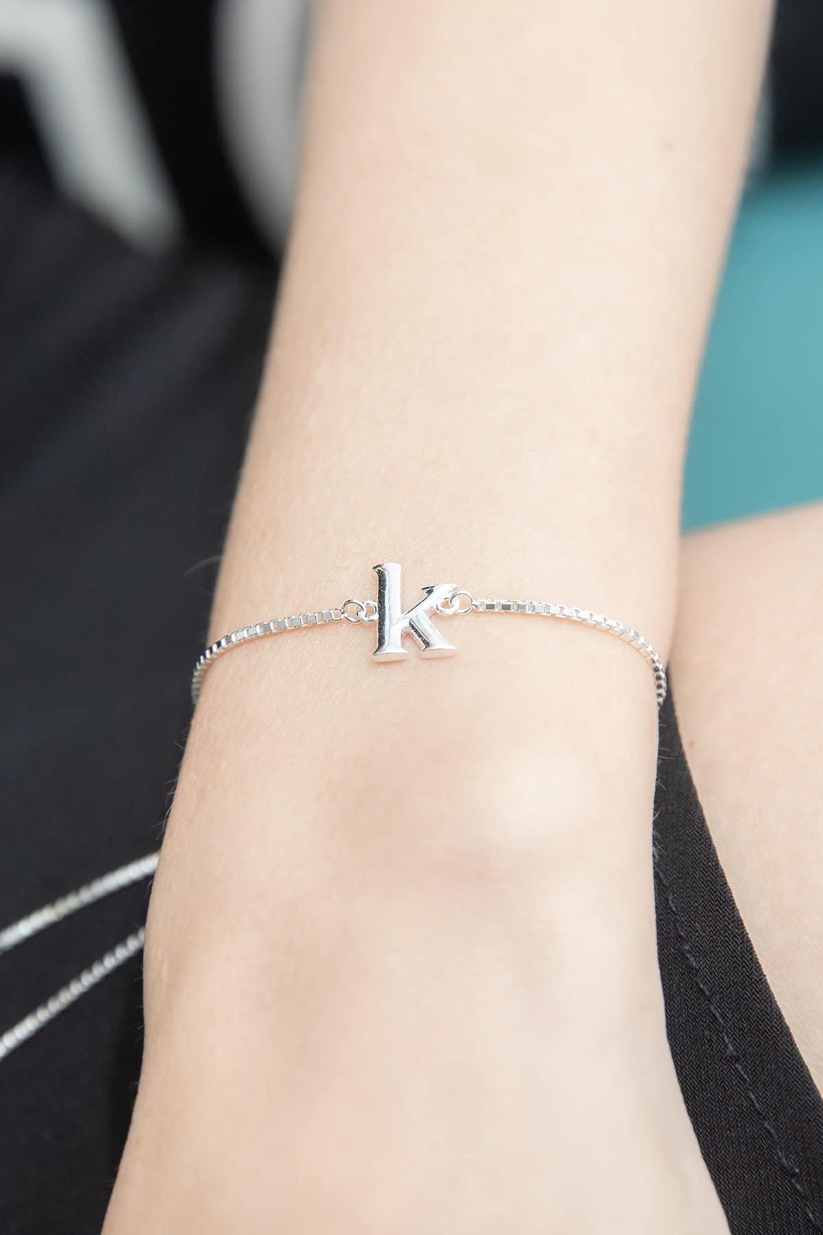 B. BRILLIANT K Initial Bracelet for Women Sterling Silver Letter Alphabet Name Personalized 925 Silver Adjustable Bracelets