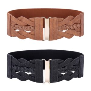 grace karin womens wide elastic belts pu leather waist belts vintage fashion woven belt for dresses black brown m