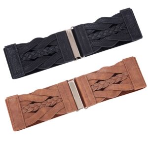 GRACE KARIN Womens Wide Elastic Belts PU Leather Waist Belts Vintage Fashion Woven Belt for Dresses Black Brown M