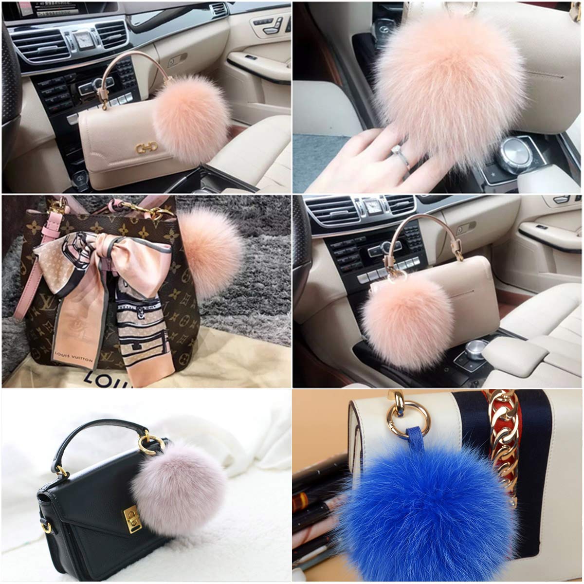 Genuine Fox Fur Pom Pom Keychain Bag Purse Charm large Fluffy Fur Ball Keychains