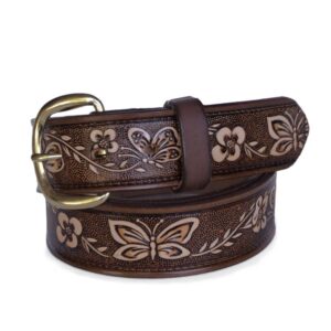 r.g. bullco 1-1/2" handcrafted women's leather belt - butterfly & floral embossed, full grain leather - brown - size 36 - rgb-5517