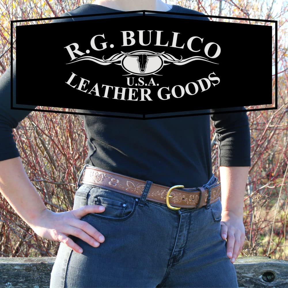 R.G. BULLCO 1-1/2" Handcrafted Women's Leather Belt - Butterfly & Floral Embossed, Full Grain Leather - Brown - Size 36 - RGB-5517