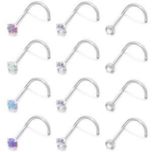 cisyozi 22g nose rings stud piercing jewelry women stainless surgical steel nose stud silver screw twist spiral corkscrew nose nostril ring stud hook set piercing jewelry women men 1.5mm diamond opal